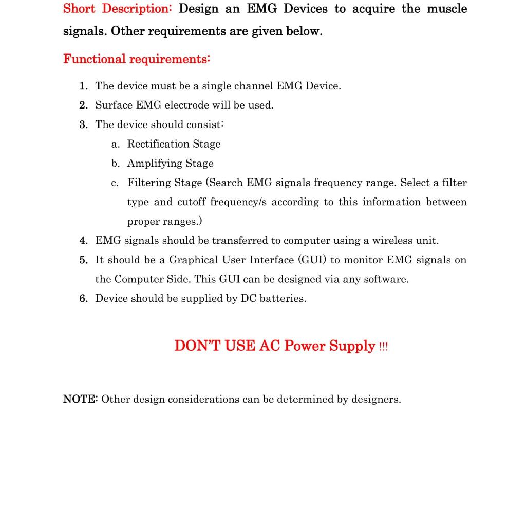 Solved Short Description: Design an EMG Devices to acquire | Chegg.com