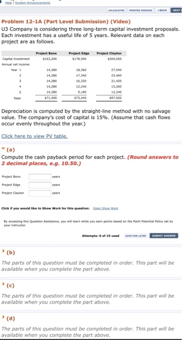 Solved Problem 12-1A (Part Level Submission) (Video) U3 | Chegg.com