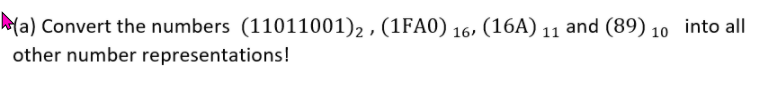 Solved Aya) Convert the numbers (11011001)2,(1FA0) 16,(16A) | Chegg.com
