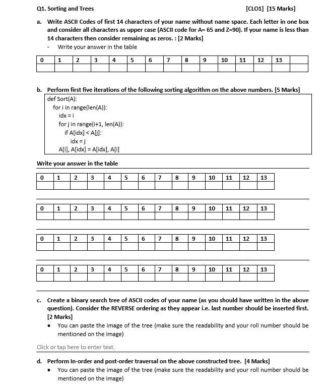 Solved Q1. Sorting and Trees [CLO1] [15 Marks] a. Write | Chegg.com