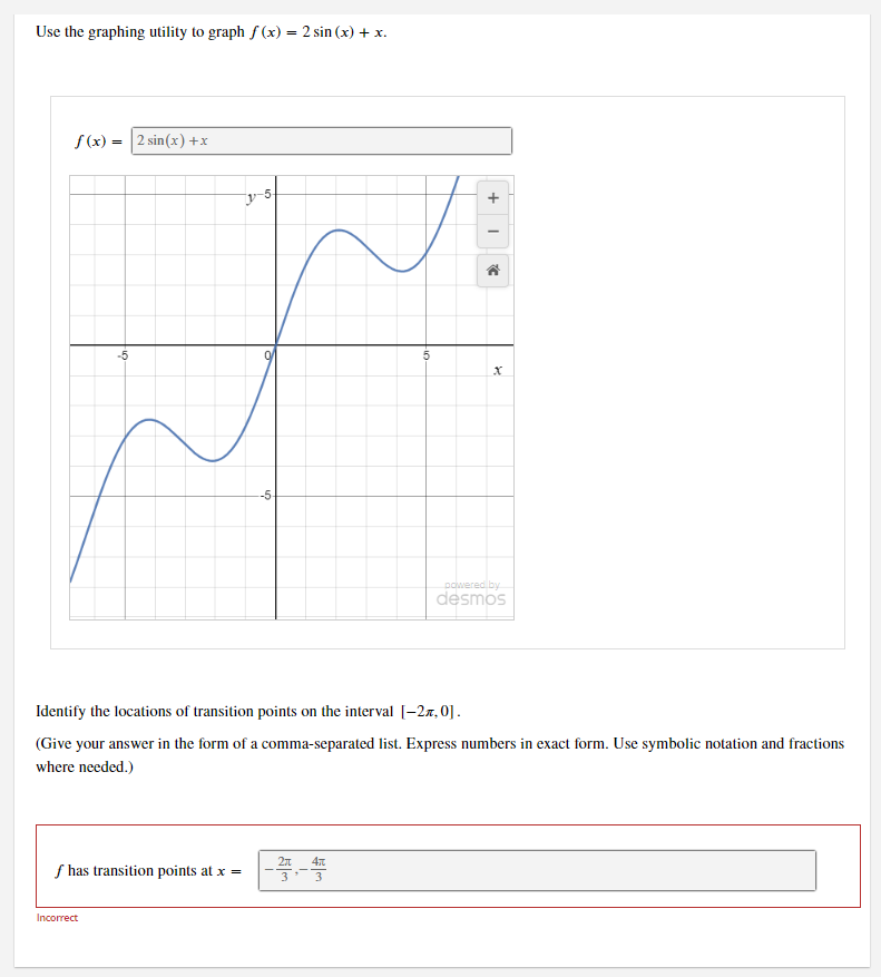 Solved Use the graphing utility to graph f(x)=2sin(x)+x. | Chegg.com