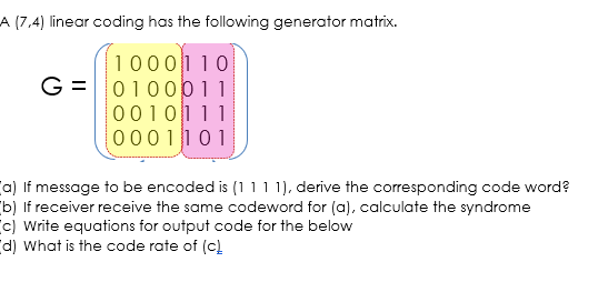 Solved A (7,4) linear coding has the following generator | Chegg.com