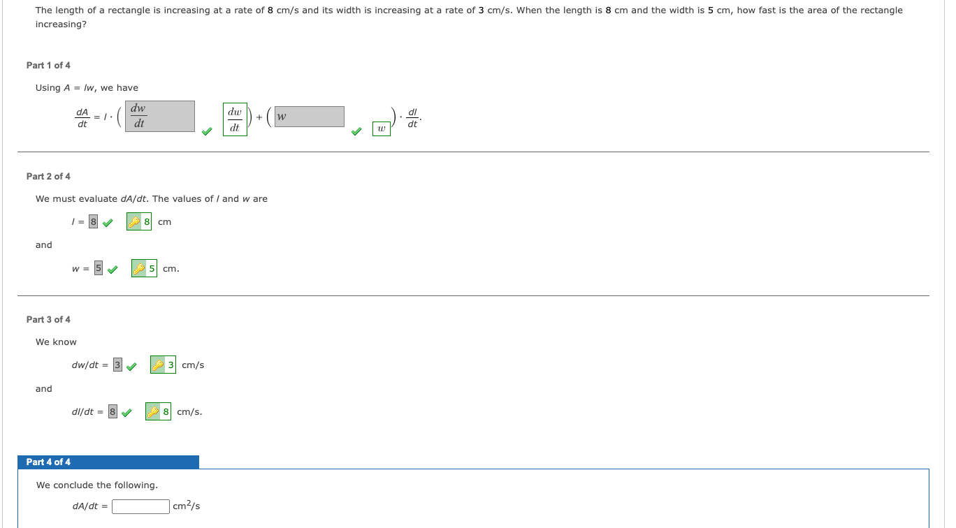 Solved Using A=IW, we have dtdA=1⋅(dtdw)+( Part 2 of 4 We | Chegg.com