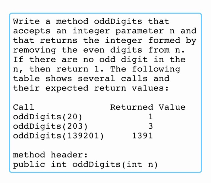 Solved Write a method oddDigits that accepts an integer | Chegg.com