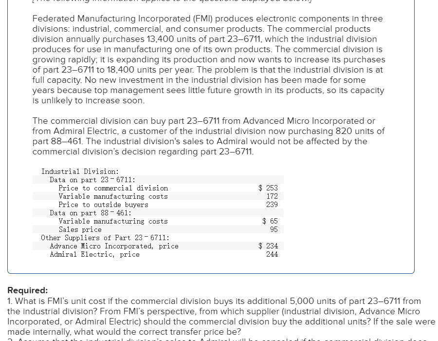 Solved Federated Manufacturing Incorporated (FMI) produces | Chegg.com