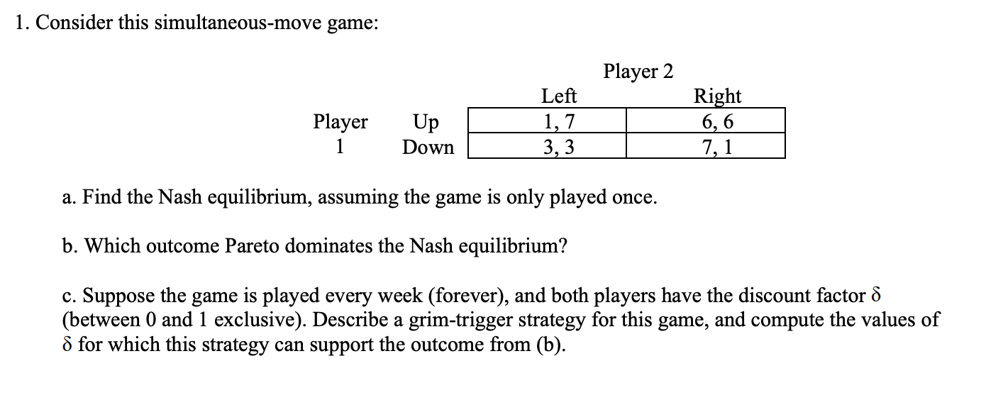 Solved 1. Consider this simultaneous-move game: Player 2 | Chegg.com