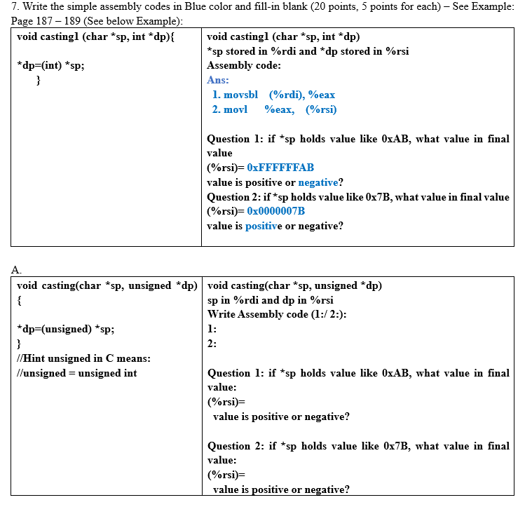 7. Write the simple assembly codes in Blue color and | Chegg.com