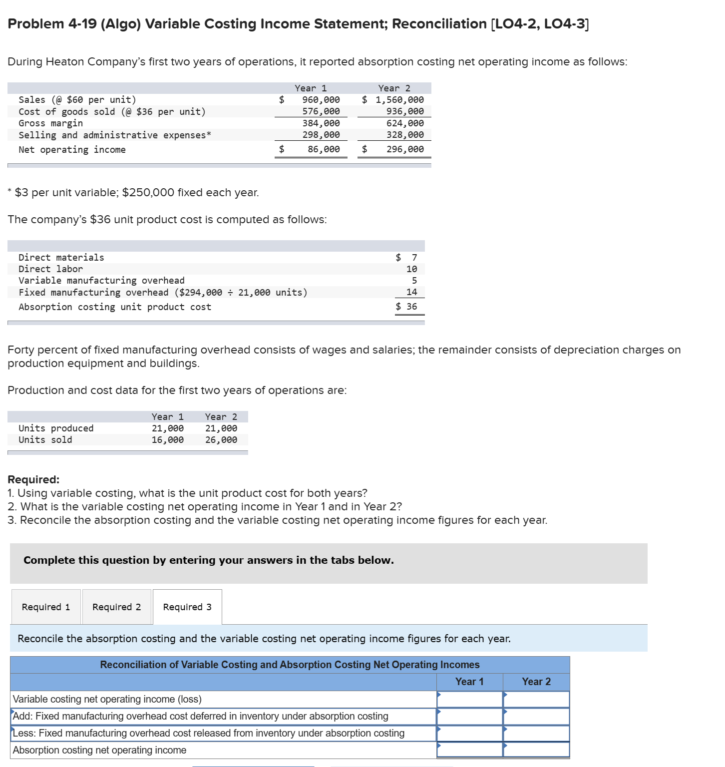 Solved Problem 4-19 (Algo) Variable Costing Income | Chegg.com