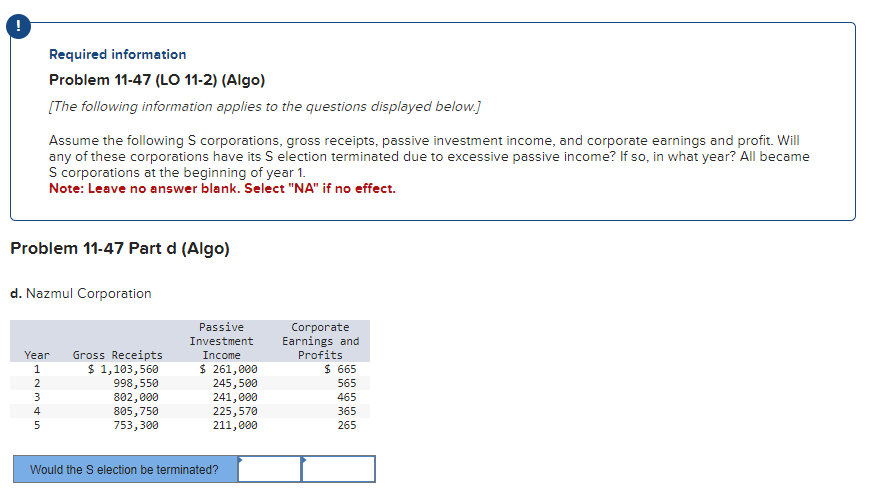 Solved Required information Problem 11-47 (LO 11-2) (Algo) | Chegg.com