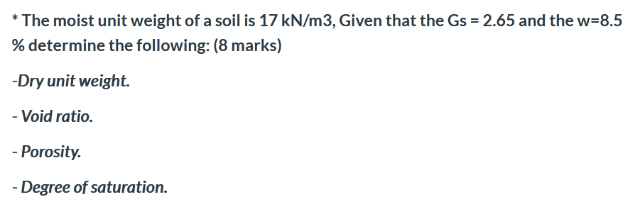 Solved * The moist unit weight of a soil is 17 kN/m3, Given | Chegg.com