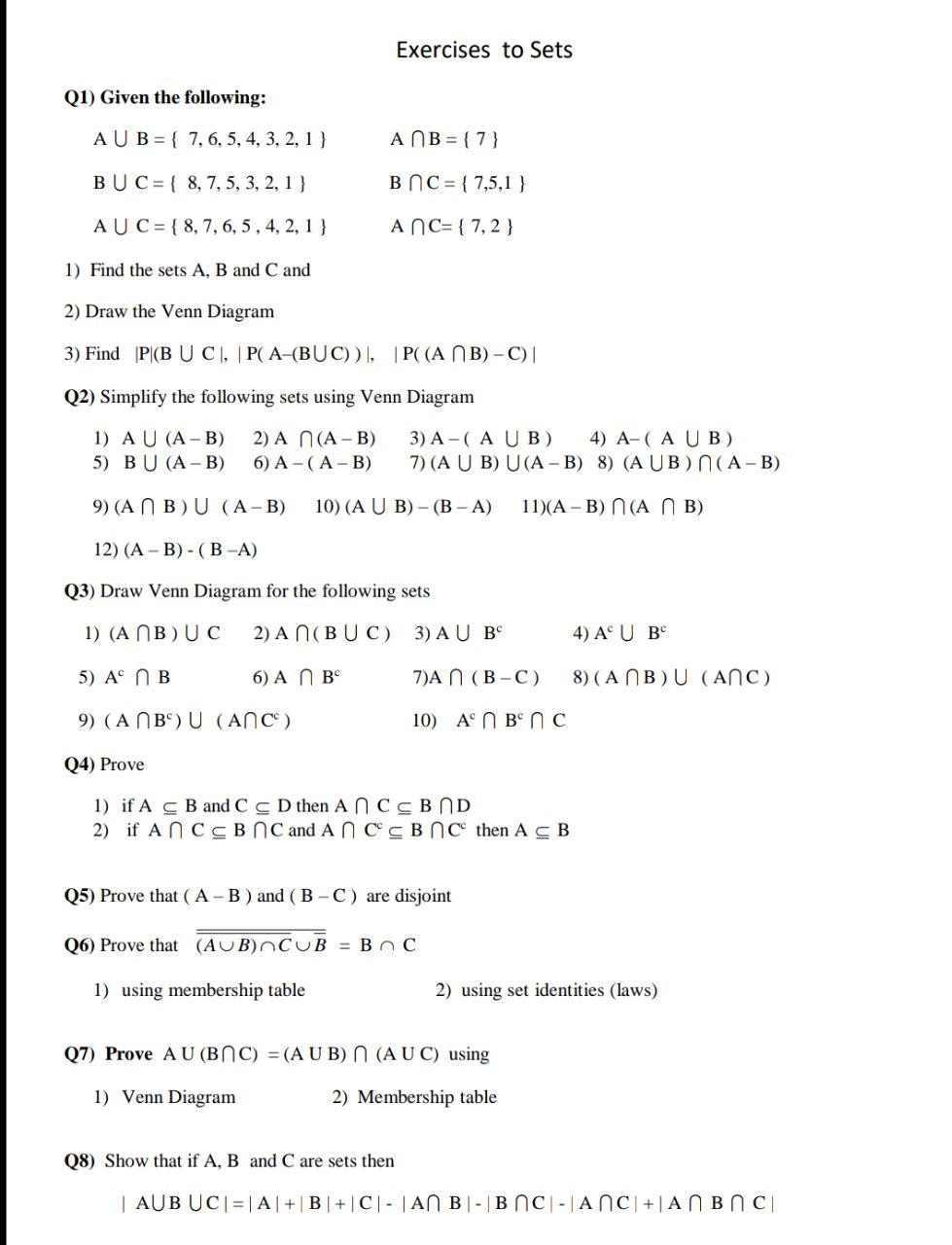 Solved Exercises to Sets Q1) Given the following: AUB = { 7, | Chegg.com