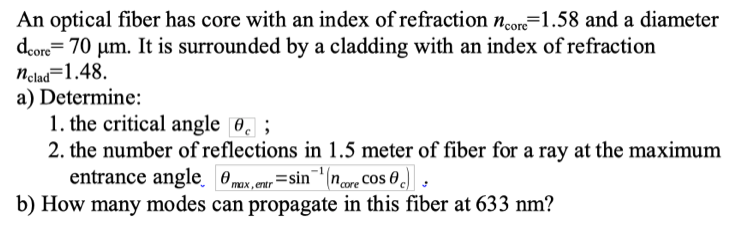 Solved An optical fiber has core with an index of refraction | Chegg.com