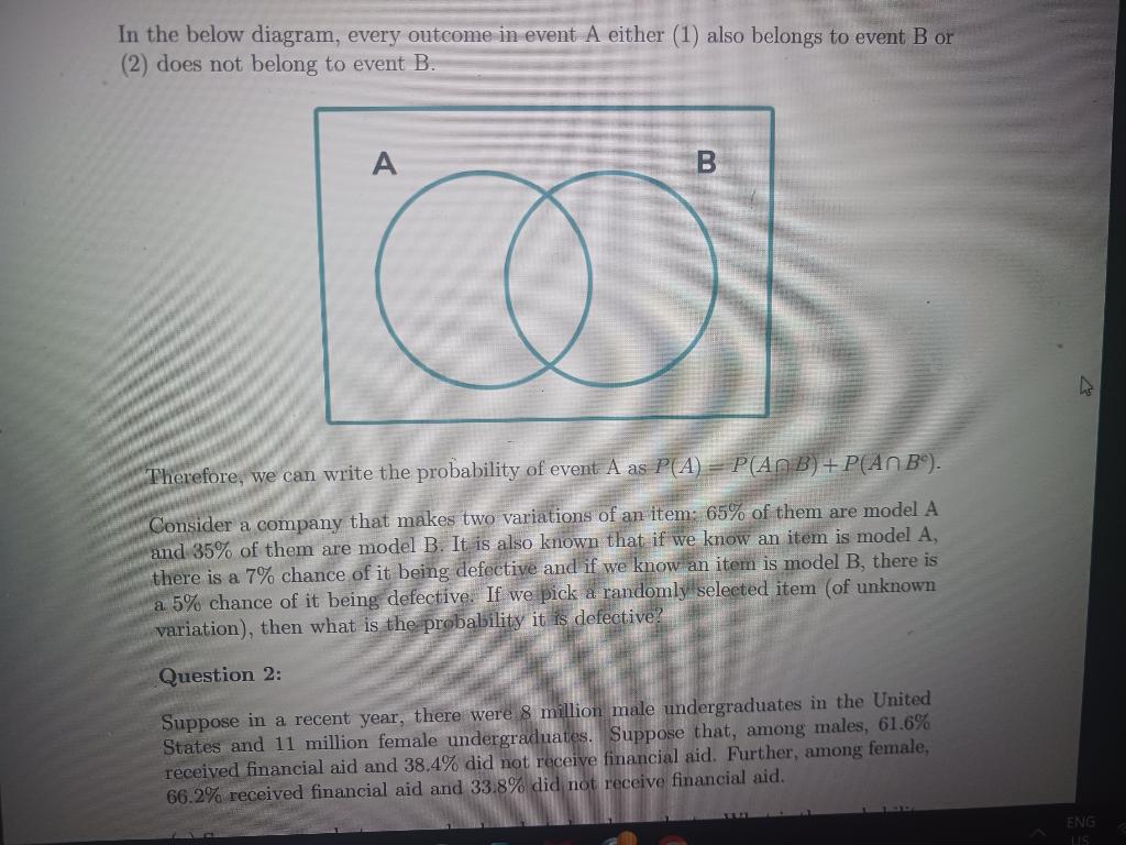 Solved In the below diagram, every outcome in event A either | Chegg.com