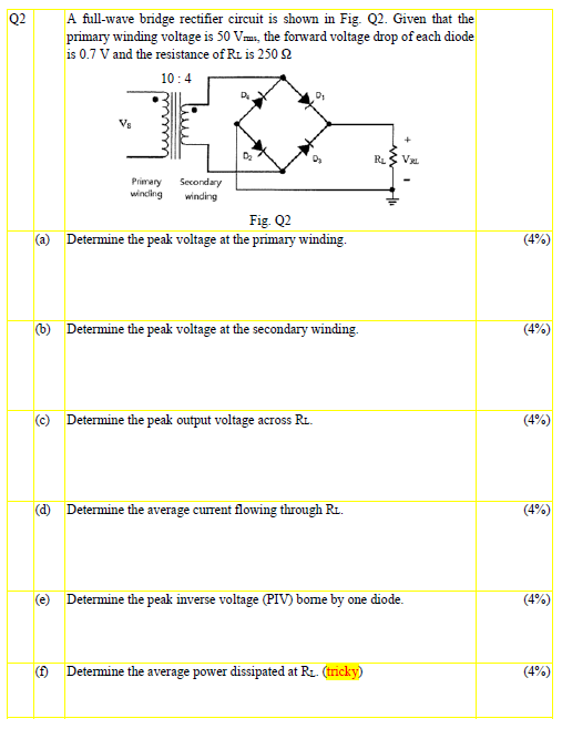 [Solved]: Q2 A full-wave bridge rectifier circuit is shown