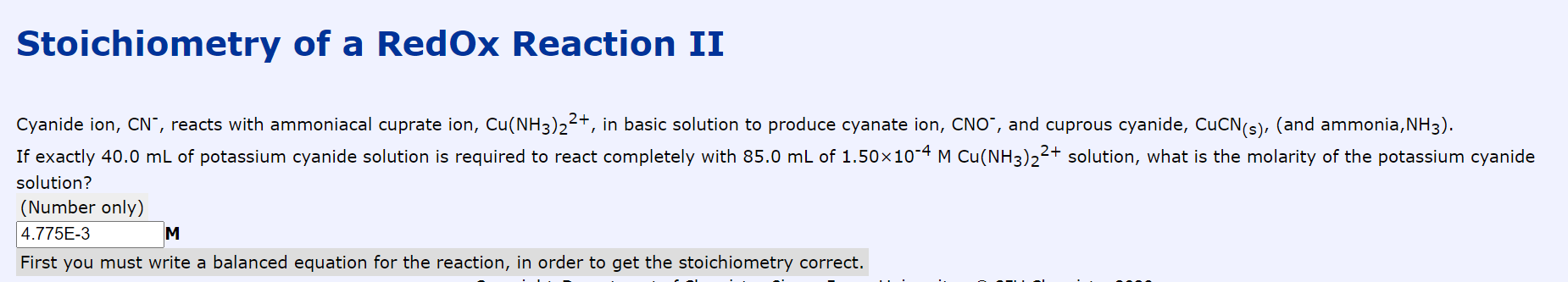 Solved Stoichiometry of a Redox Reaction II Cyanide ion, | Chegg.com