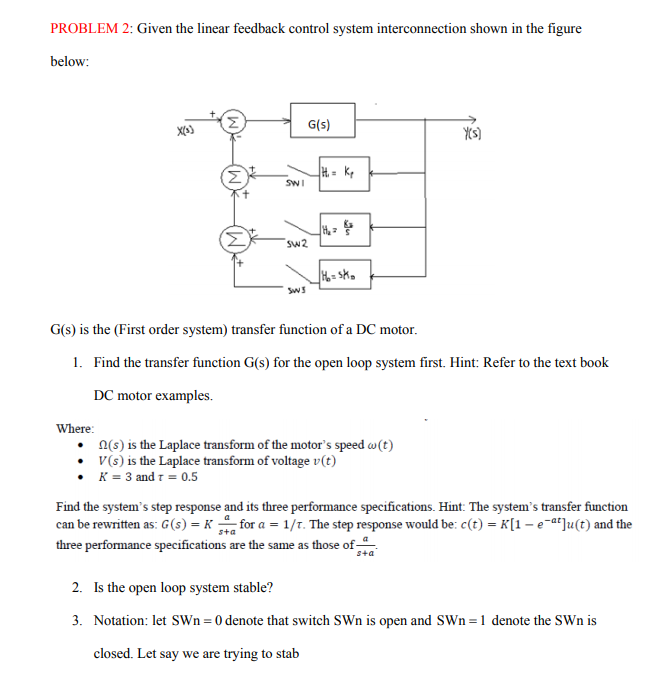 Solved PROBLEM 2: Given the linear feedback control system | Chegg.com
