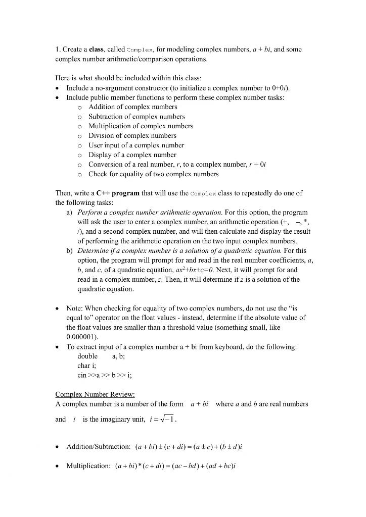Solved 1. Create a class, called complex, for modeling | Chegg.com