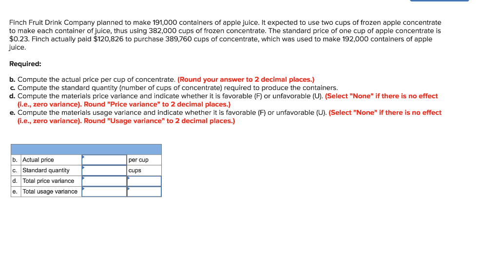 Solved Finch Fruit Drink Company planned to make 191,000 | Chegg.com
