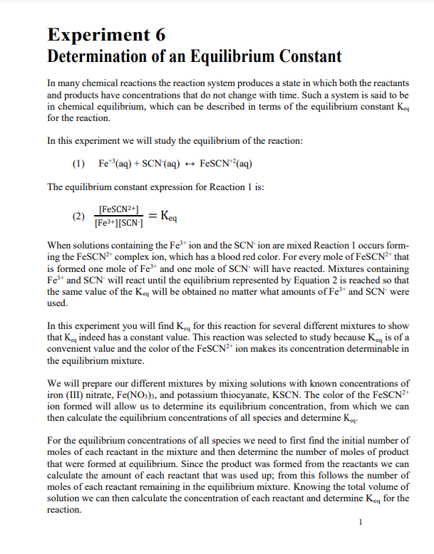 Solved Experiment 6 Determination of an Equilibrium Constant | Chegg.com