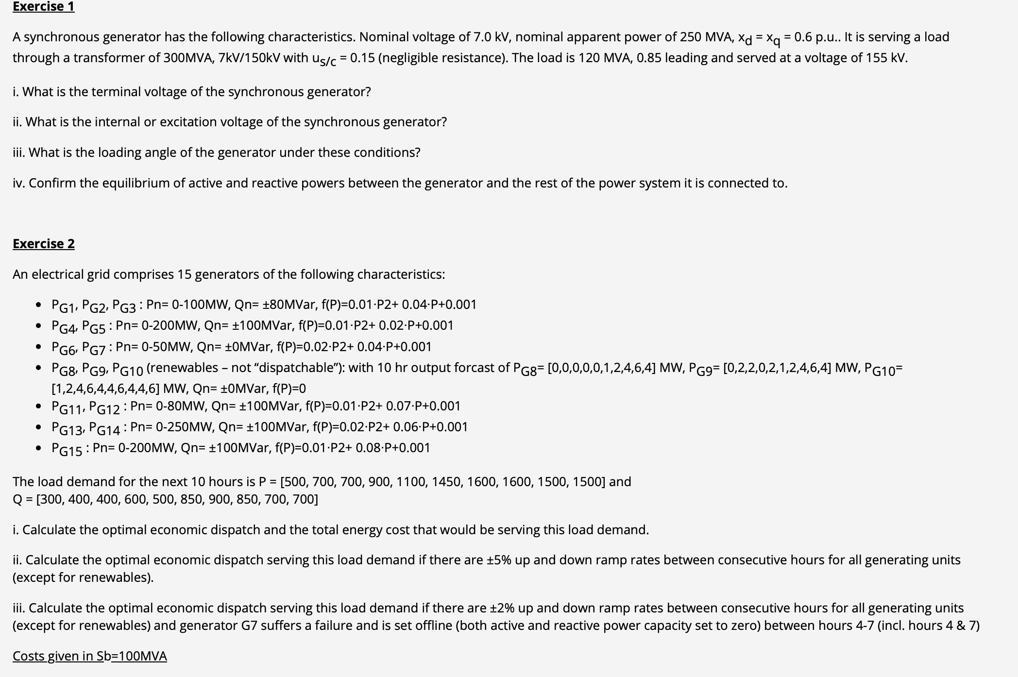 Solved Exercise 1A synchronous generator has the following | Chegg.com