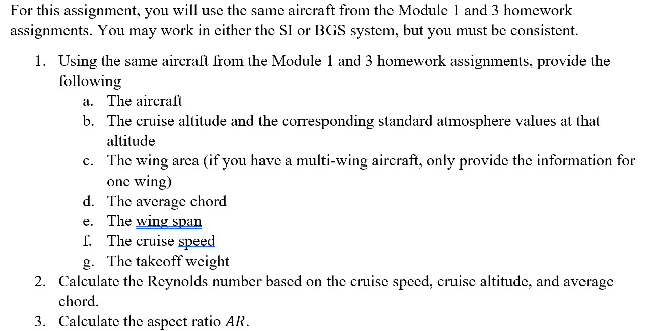 Solved or this assignment, you will use the same aircraft | Chegg.com
