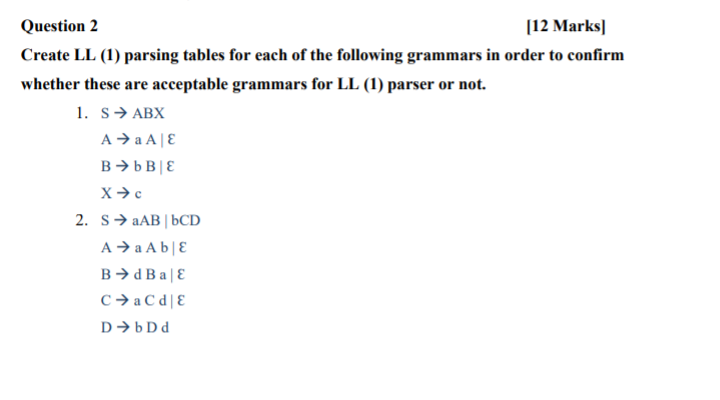 Solved Question 2 [12 Marks Create LL (1) parsing tables for | Chegg.com
