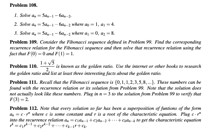 Solved Problem 108. 1. Solve an=5an-1-6an-2. 2. Solve an = | Chegg.com