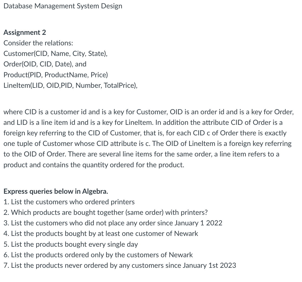 Database Management System Design Assignment 2 | Chegg.com