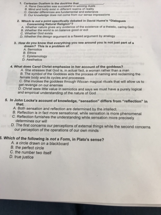 Solved 1. Cartesian Dualism is the doctrine that A. Rene | Chegg.com