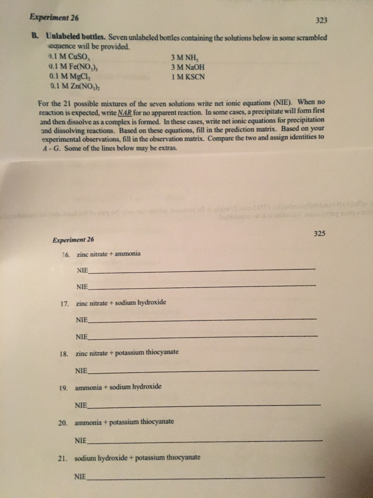 Solved Experiment 26 323 B. Unlabeled bottles. Seven | Chegg.com