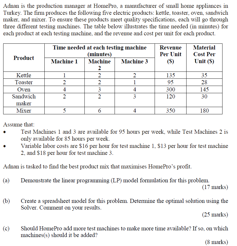 Solved Adnan is the production manager at HomePro, a | Chegg.com
