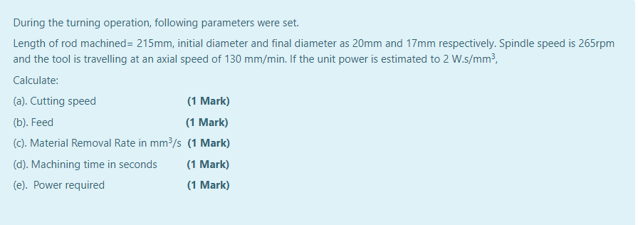 Solved During the turning operation, following parameters | Chegg.com