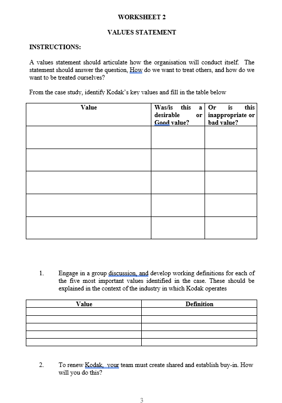 Solved WORKSHEET 2 VALUES STATEMENT INSTRUCTIONS: A values | Chegg.com