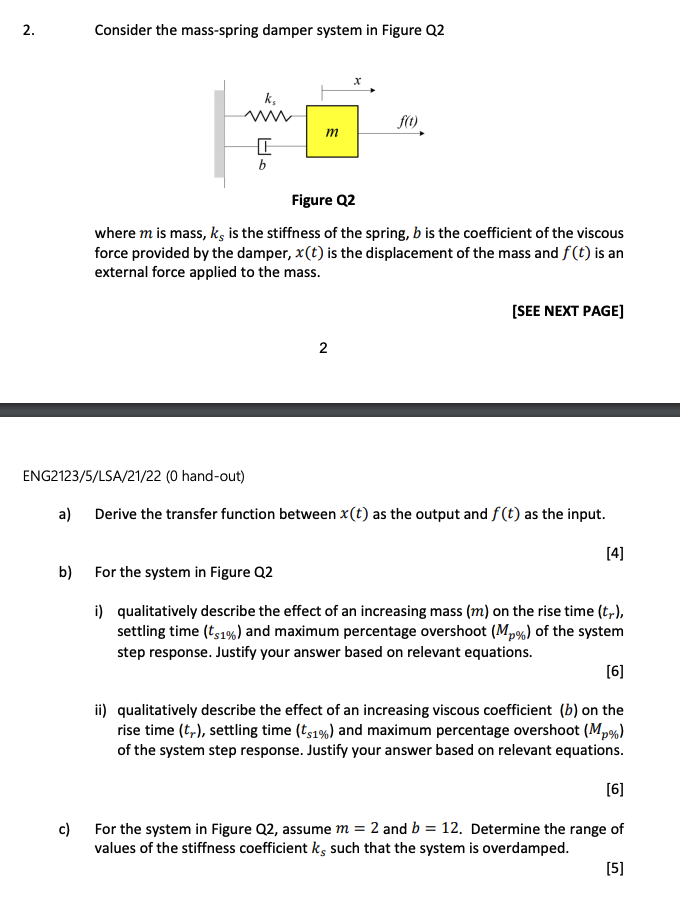 Solved Consider the mass-spring damper system in Figure Q2 | Chegg.com