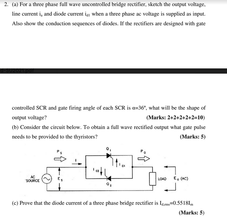 Solved 2. (a) For a three phase full wave uncontrolled | Chegg.com