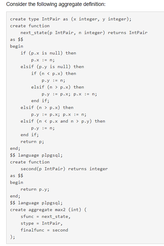 Solved Consider the following aggregate definition: create | Chegg.com