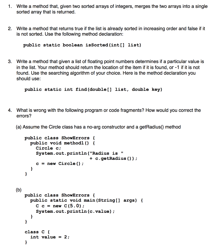 Solved 1. Write a method that, given two sorted arrays of | Chegg.com