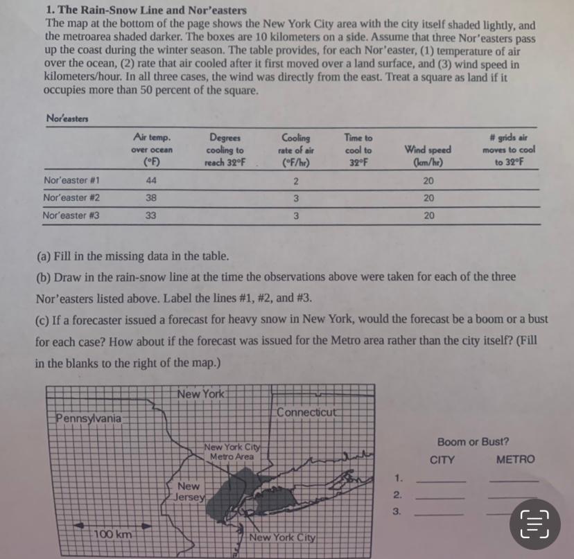 1. The Rain-Snow Line and Nor'easters The map at the | Chegg.com