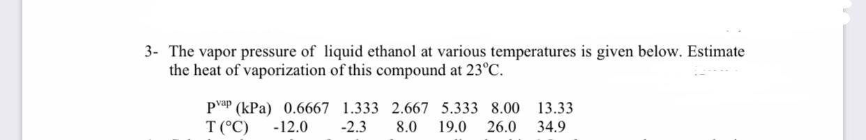Solved 3- The vapor pressure of liquid ethanol at various | Chegg.com