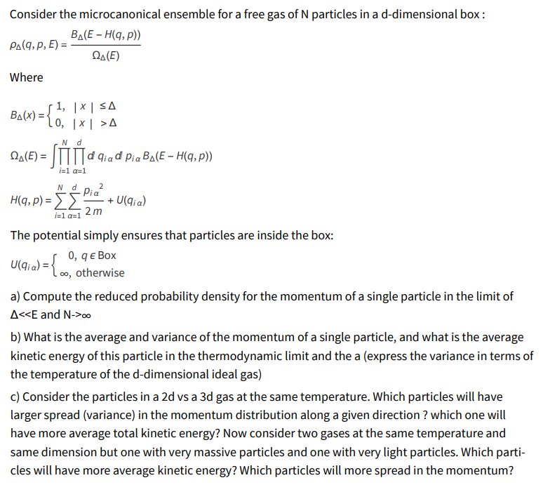 Solved Consider the microcanonical ensemble for a free gas | Chegg.com