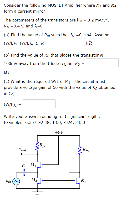 Solved Consider the following MOSFET Amplifier where M3 and | Chegg.com