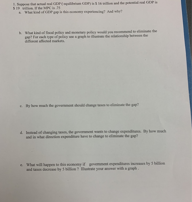 Solved l. Suppose that actual real GDP ( equilibrium GDP) is | Chegg.com