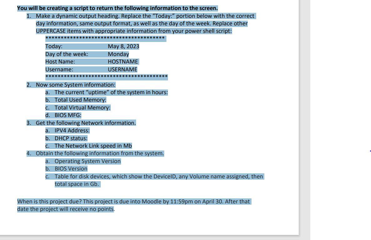 Solved You will be creating a script to return the following | Chegg.com