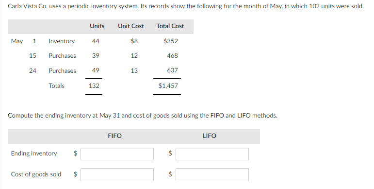 Solved Carla Vista Co. uses a periodic inventory system. Its | Chegg.com