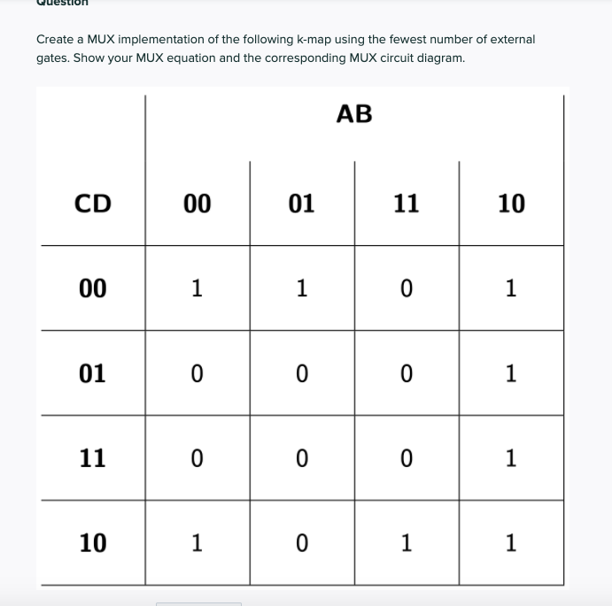 Solved Create a MUX implementation of the following k-map | Chegg.com