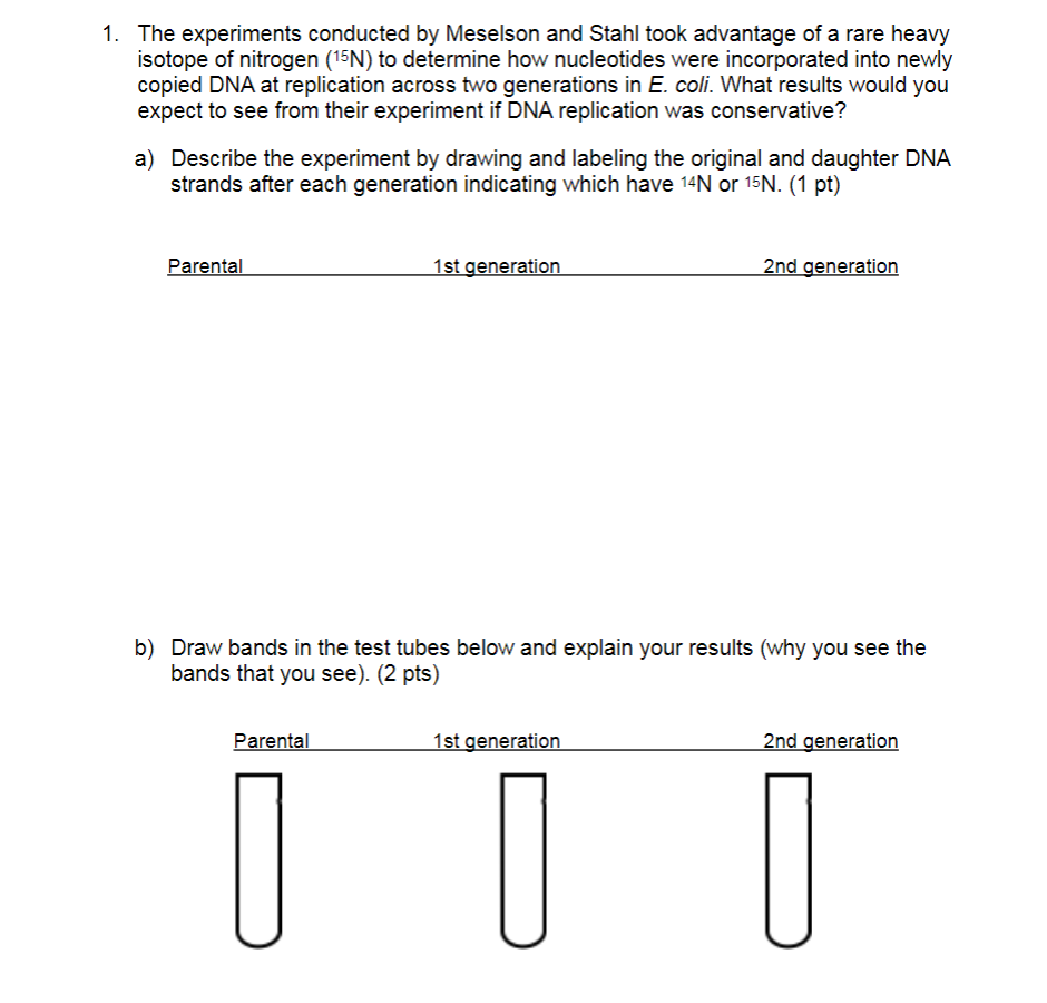 Solved 1. The experiments conducted by Meselson and Stahl | Chegg.com