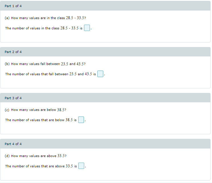 (a) How many values are in the class 28.5−33.5 ? The | Chegg.com