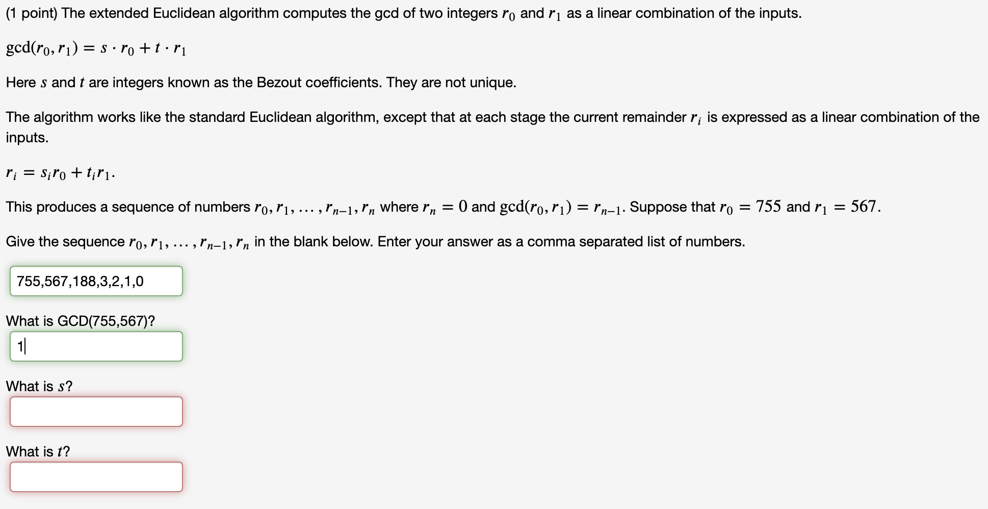 Solved ( 1 ﻿point) ﻿The extended Euclidean algorithm | Chegg.com