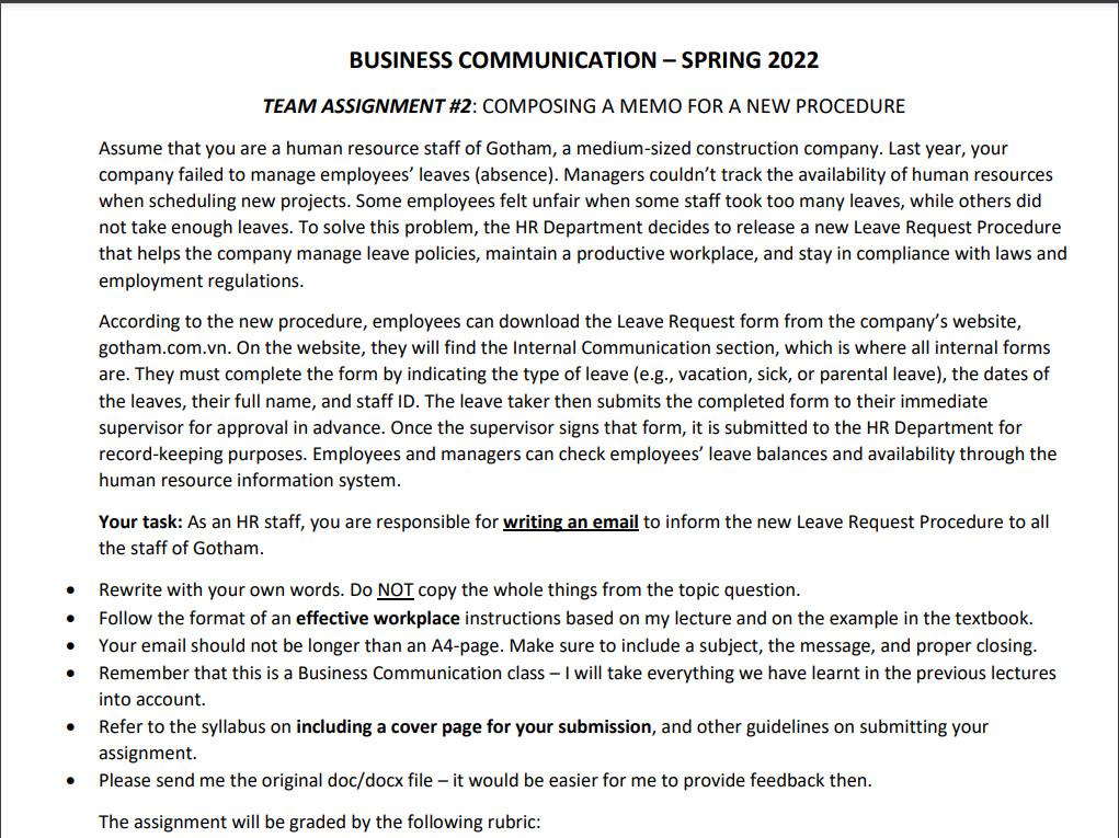 Solved BUSINESS COMMUNICATION - SPRING 2022 TEAM ASSIGNMENT | Chegg.com