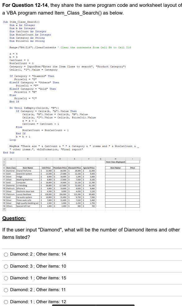 Solved A Vba Program Named Itemclasssearch As Below 6677